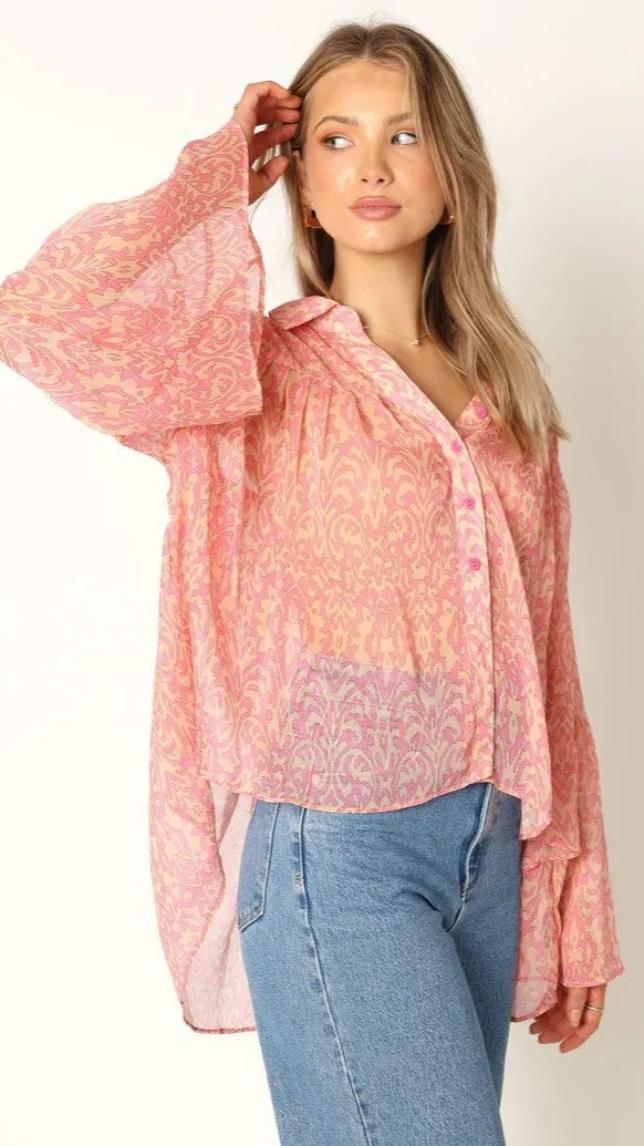 Coral Pink Floral Button Down Shirt