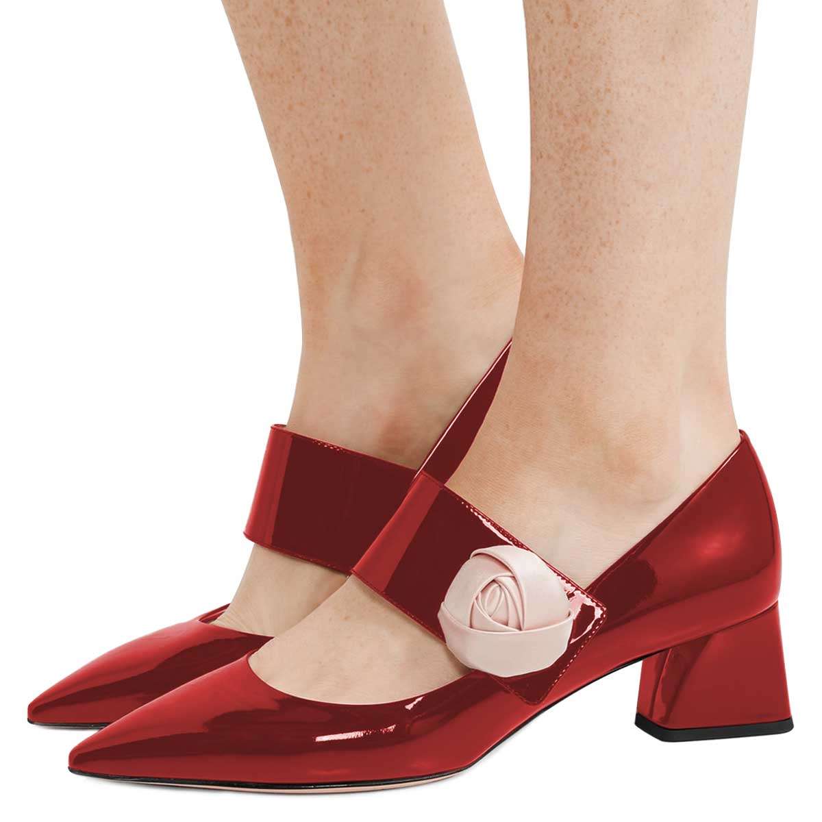 Red Mirror Leather Satin Flower Block Heels Pumps Vdcoo
