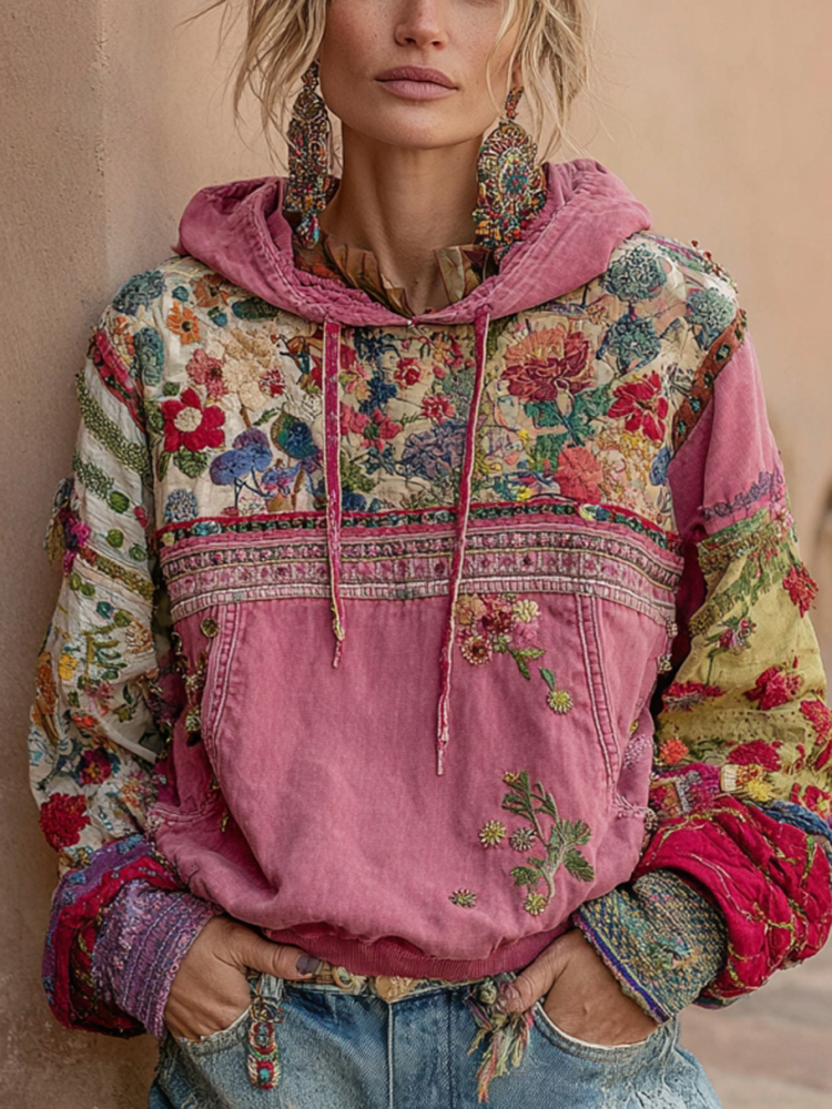 Women's Vintage Bohemian Floral Embroidery Patchwork Long Sleeve Casual ...