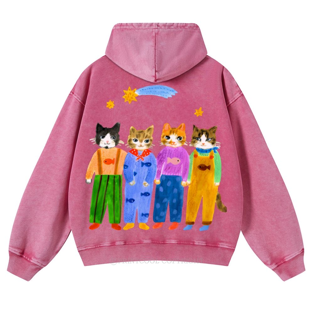 Cat in Sunny Day Back Print Casual Washed Hoodie