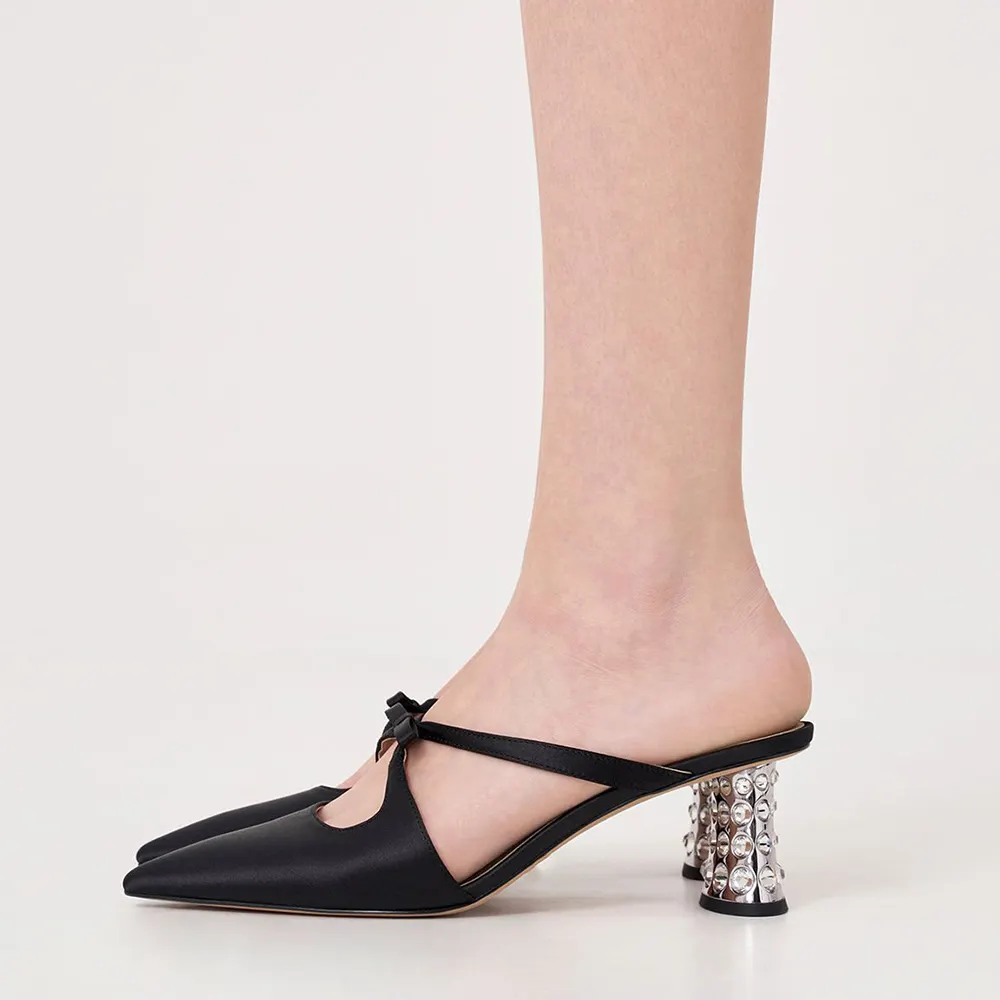 Black Satin Closed Pointed Toe Strappy Mules With Decorative Heels