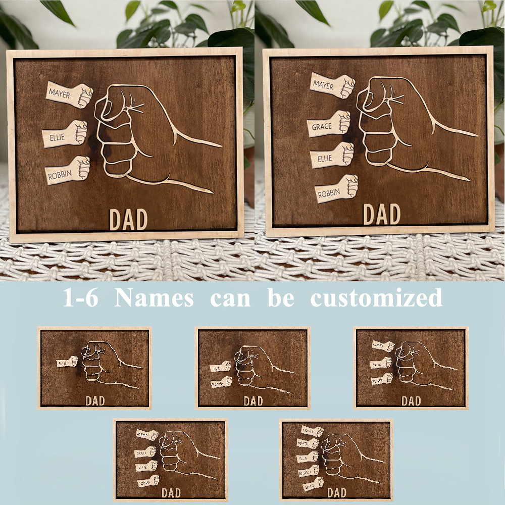 Father and Sons/Daughters Fist Signs Engrave 5 Names Family Bond Wood Frame