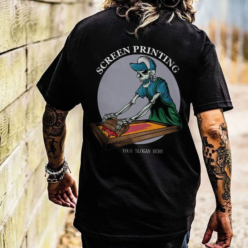 SCREEN PRINTING Skull Working Black Print T-Shirt