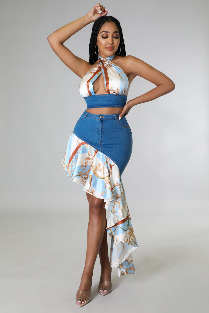 Sleeveless Cutout Patchwork Irregular Ruffle Denim Dress Set