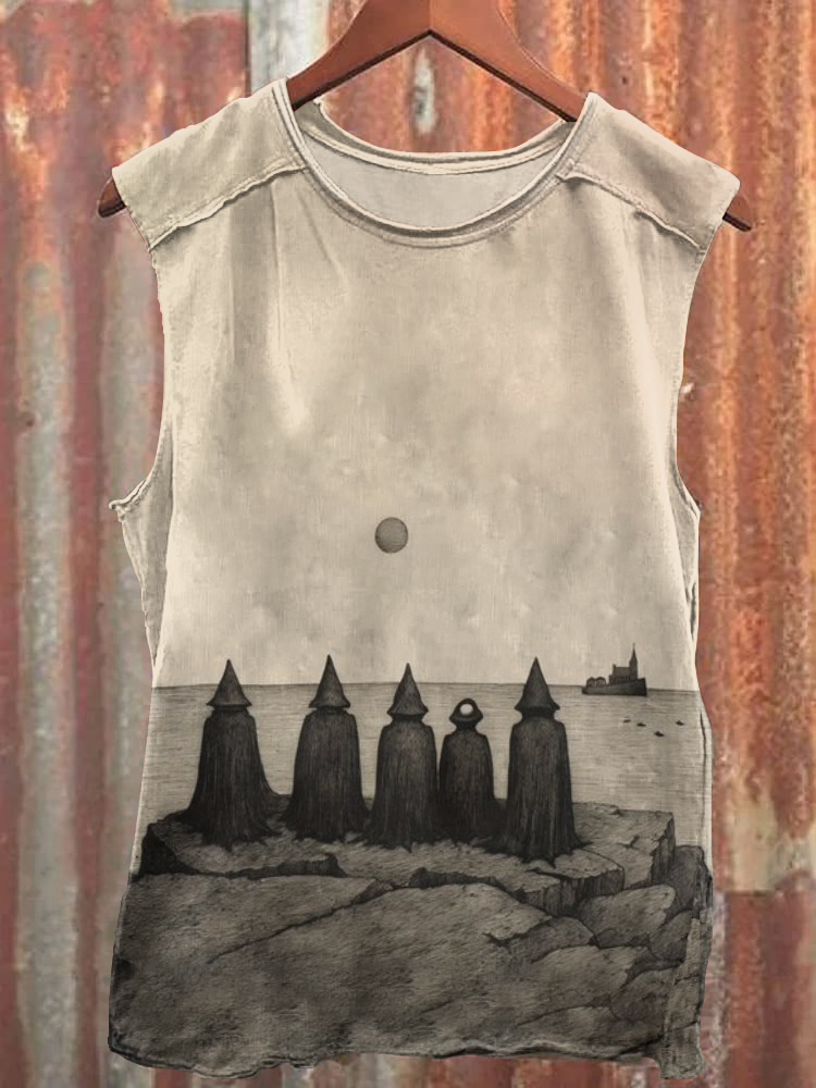 Vintage Elegant Robed Figures By The Sea Scary Ghost Print Vest