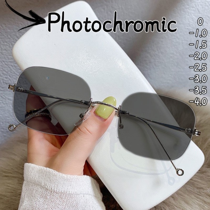 Luxury Photochromic Myopia Glasses Unisex Rimless Short Sight ...