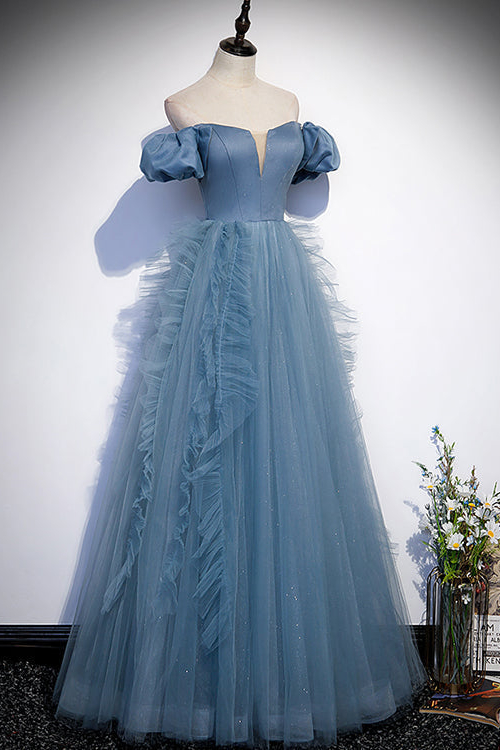 Daisda Gorgeous Dusty Blue Off-The-Shoulder Long Prom Dress Tulle With V-Neck