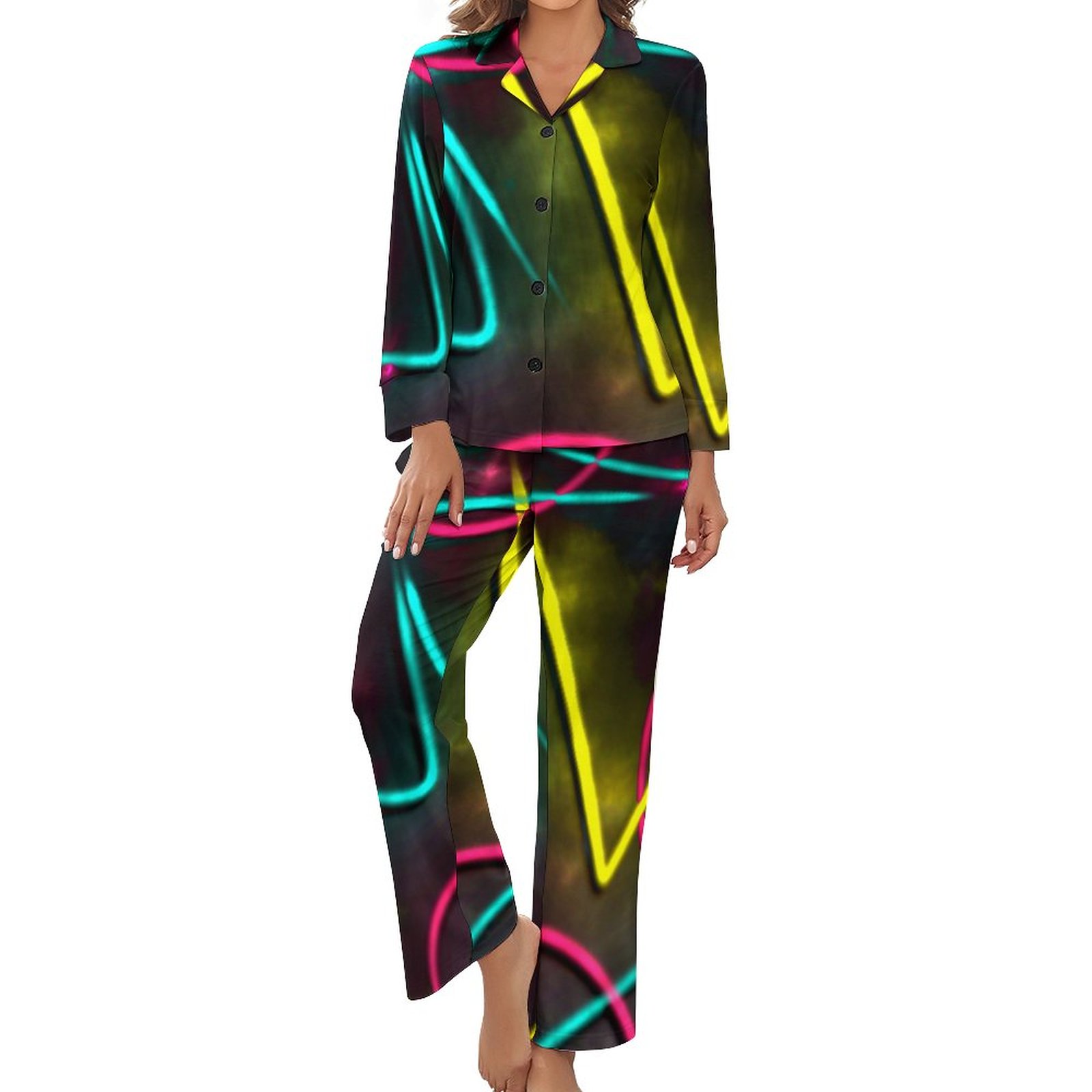 Funny Vintage Neon 80S Print Women Long Sleeve Two Piece Sleepwear Soft ...