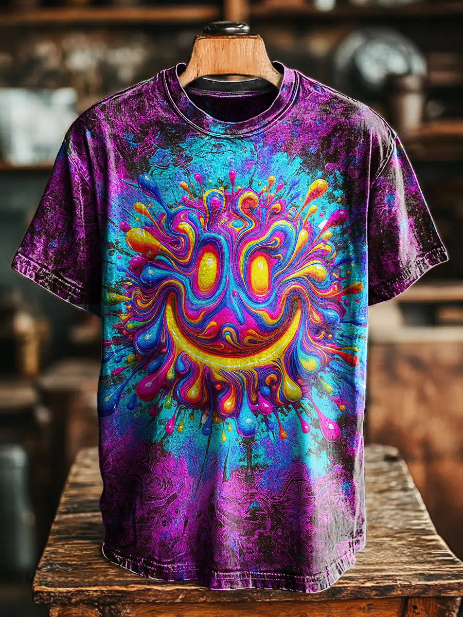 Vintage Hippie Smiley Face Visual Impact Art Print Casual T-shirt For ...