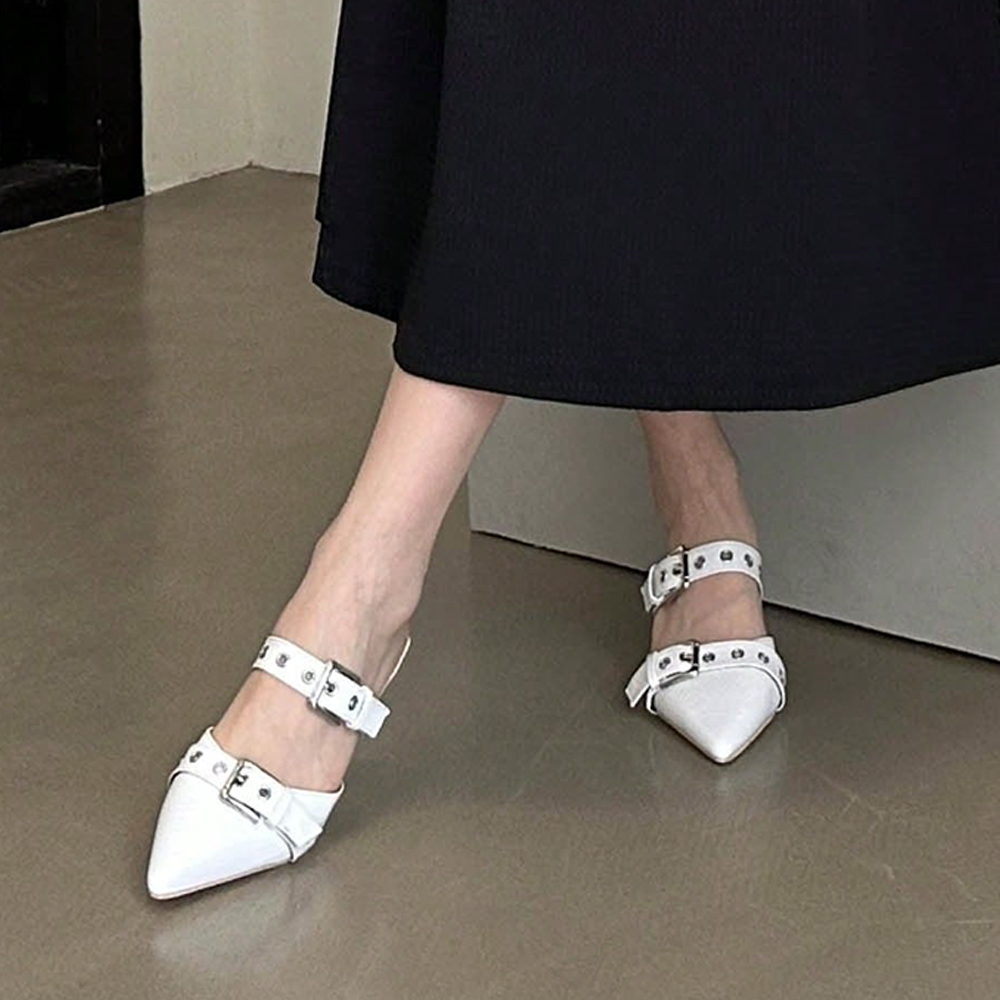 White Leather Closed Pointed Toe Studded Mules With Kitten Heels