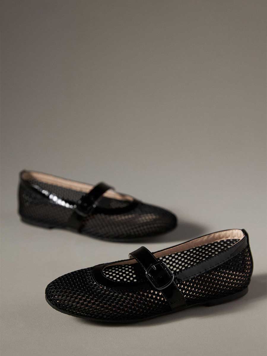 Black Mesh Round Toe Patent Leather Lining Strappy Ballet Flats