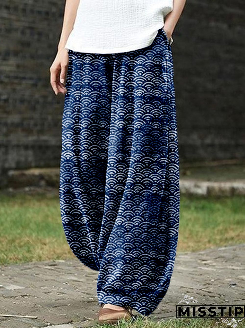 Japanese Waves Inspired Pattern Linen Blend Casual Pants - MissTip