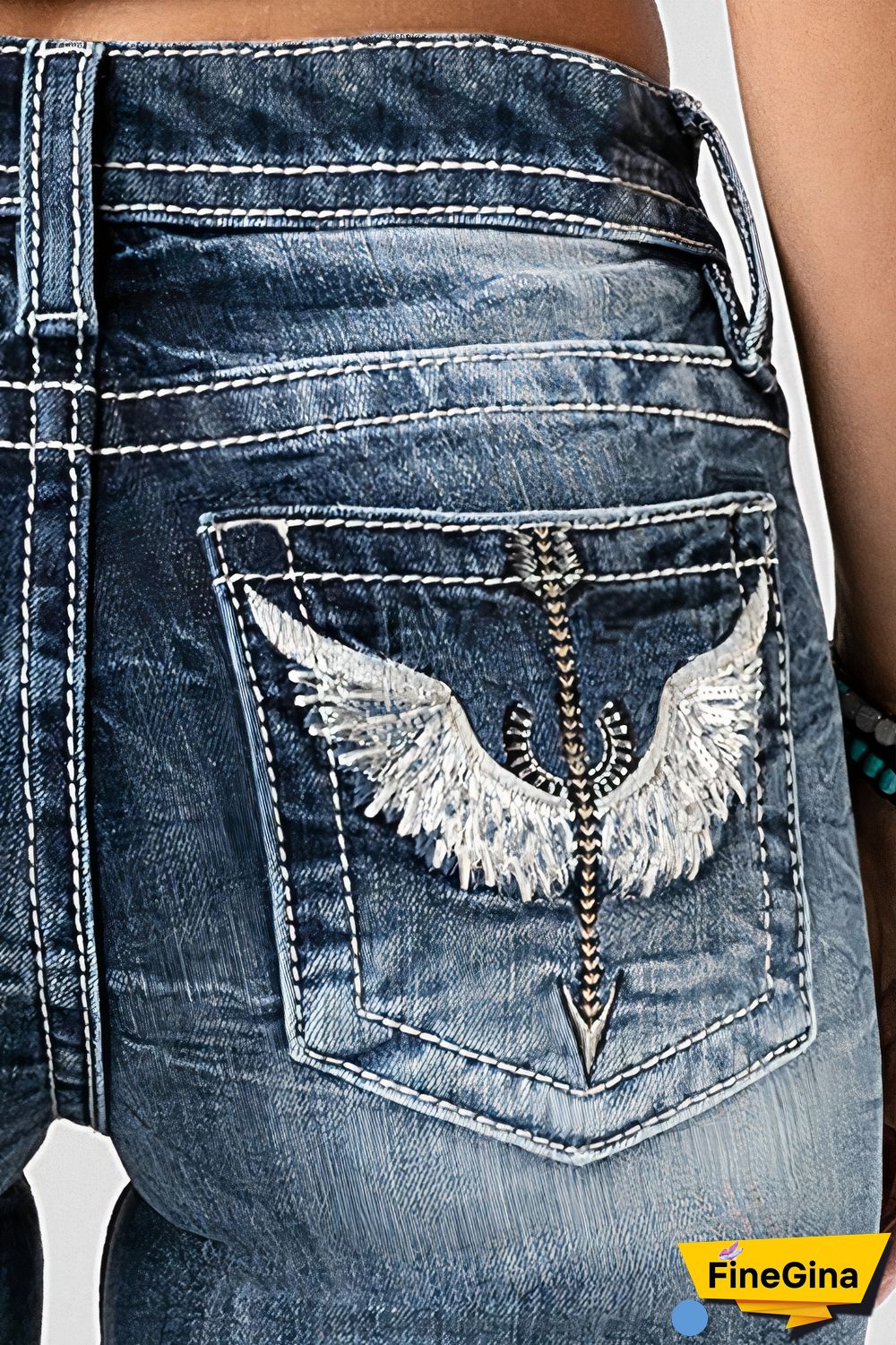 FineGina Wings Embroidered Pocket Detail Mid Rise Bootcut Jeans