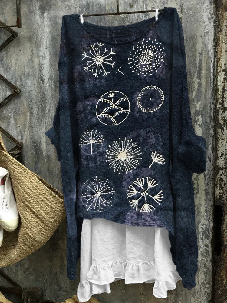 Dandelion Japanese Sashiko Embroidered Art Linen Blend Tunic