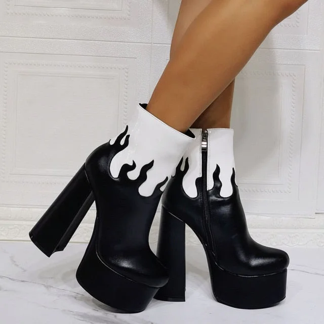Goth Cool Black Flame Print Platform High Heel Ankle Boots BE568