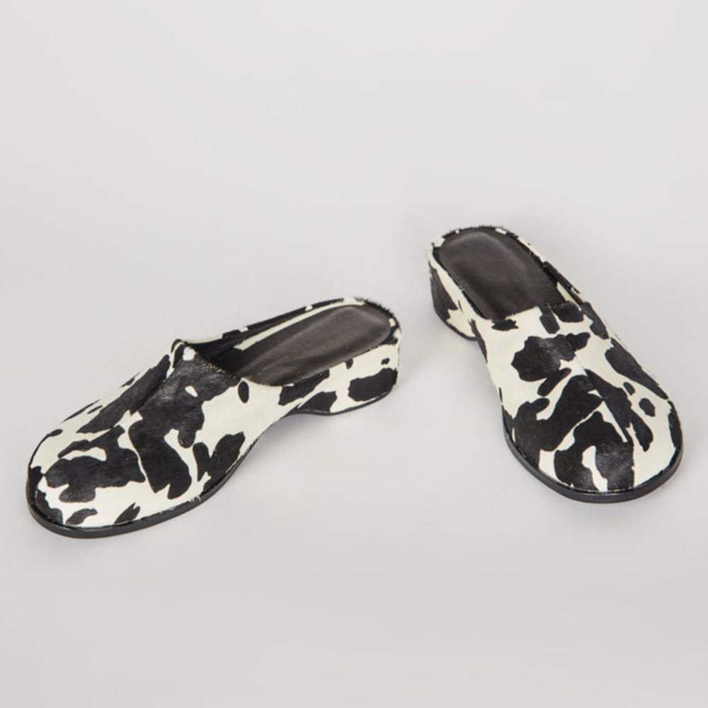Black and White Cow Print Round Toe Wedge Heel Mules for Women