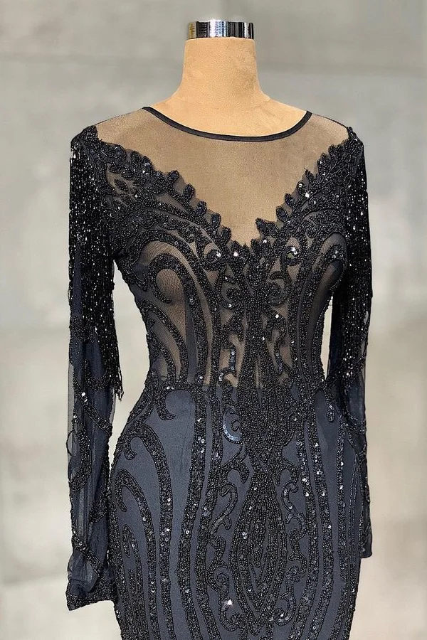Daisda Black Mermaid Evening Dress Long Sleeves With Appliques