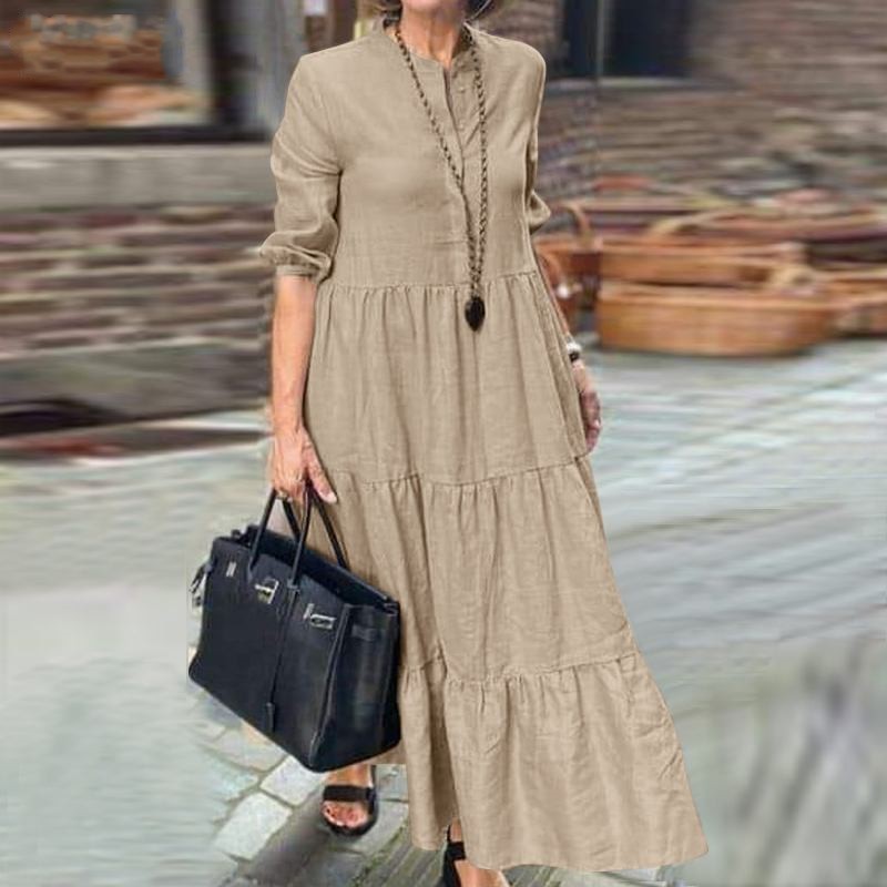 Stand Collar Cotton and Linen Maxi Dress For Senior Ladies & Elderly ...