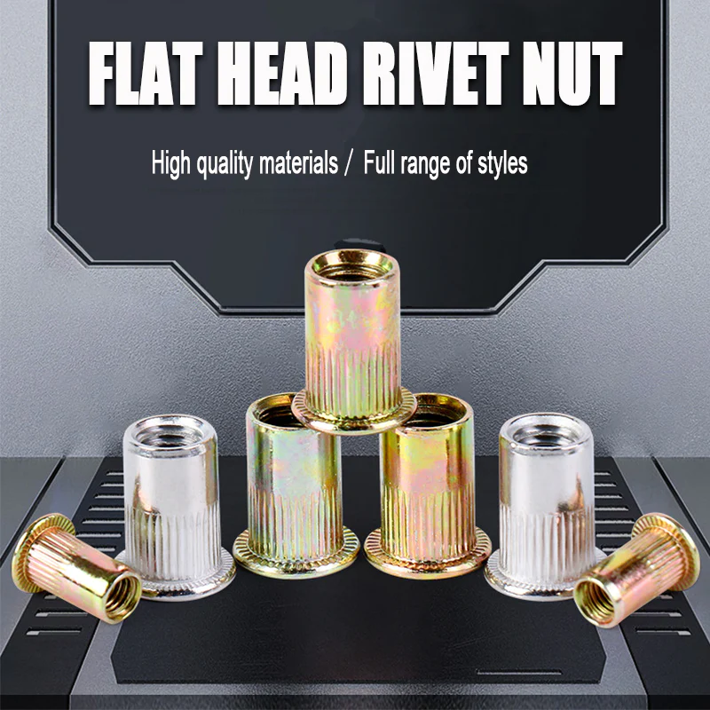 Rivet Nuts Assortment Kit, Flat Head Threaded Insert Nutserts Assort 100PCS