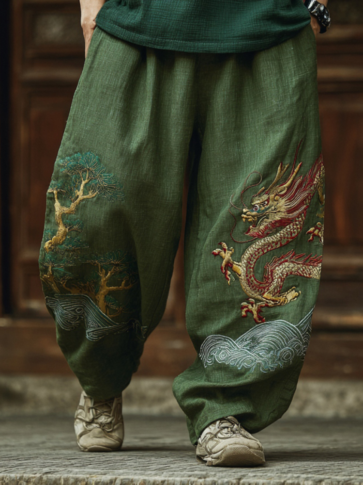Men's Japanese Sea Waves And Dragon Art Wide Leg Linen Pants