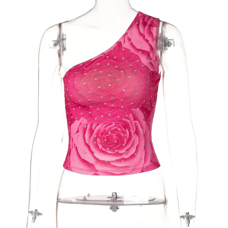 RHINESTONE FLOWER ONE SHOULDER TOP