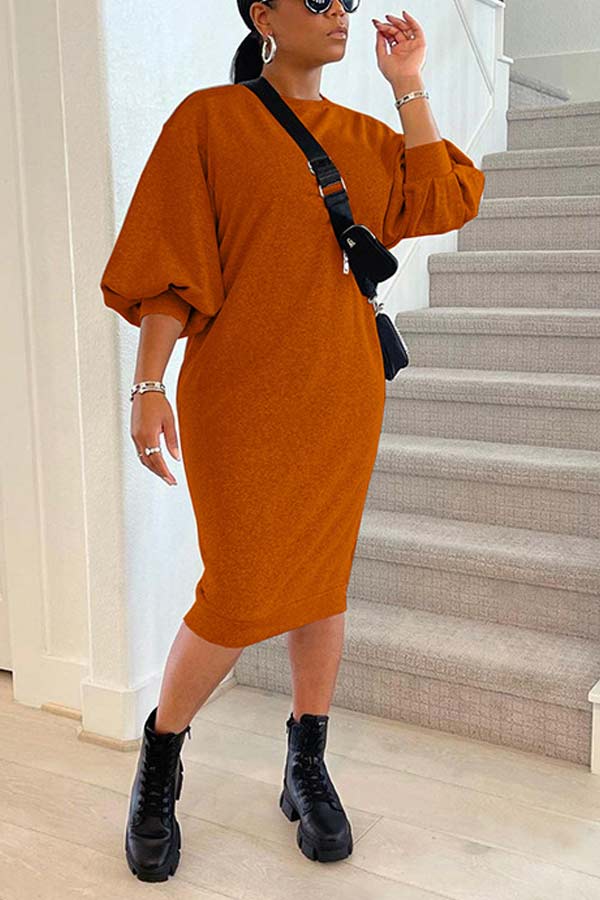 Fashion Solid Color Lantern Sleeve Dress