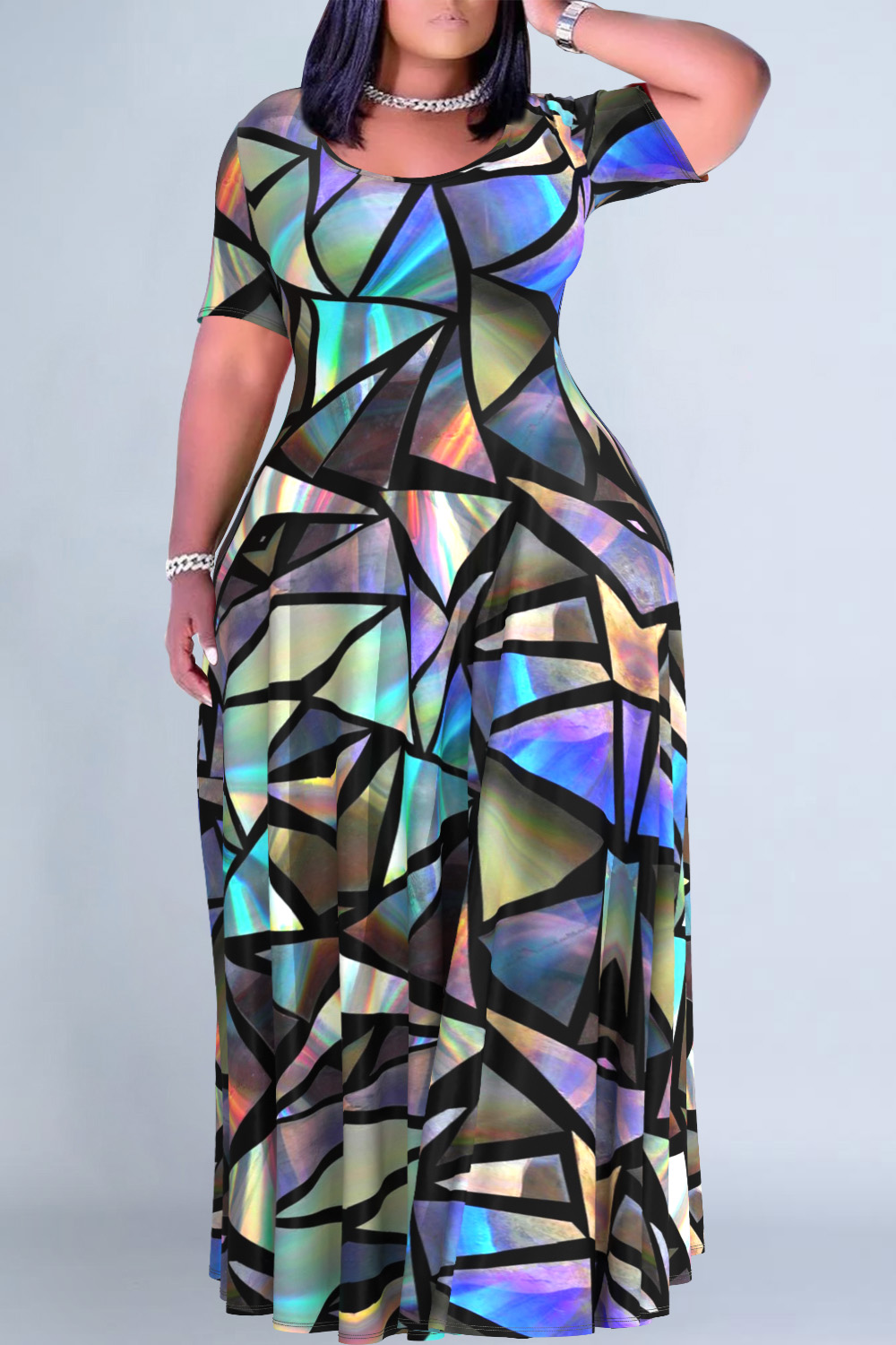Plus Size Casual Multicolor Mirror Sequin Print Round Neck Short Sleeve ...