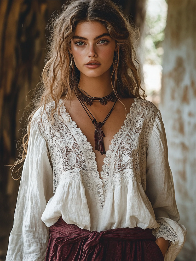 Lunivibe Vintage Boho Hollow Floral Lace Patchwork Flowy Linen Tunic