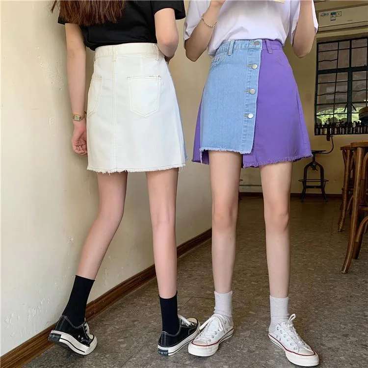 BUTTONED COLORBLOCK DENIM SKIRT