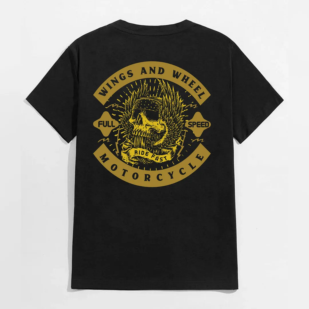 WINGS AND WHEEL MOTORCYCLE Skull with Wings Black Print T-shirt
