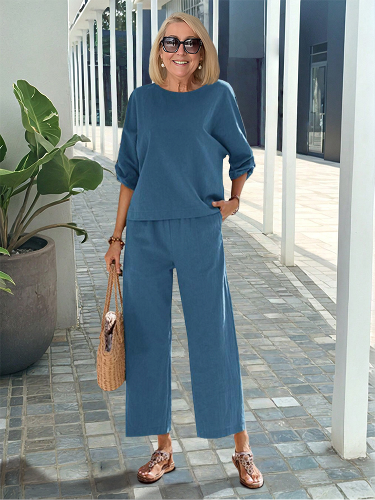2-Piece Pleated Cuff Top & Straight Pant Set