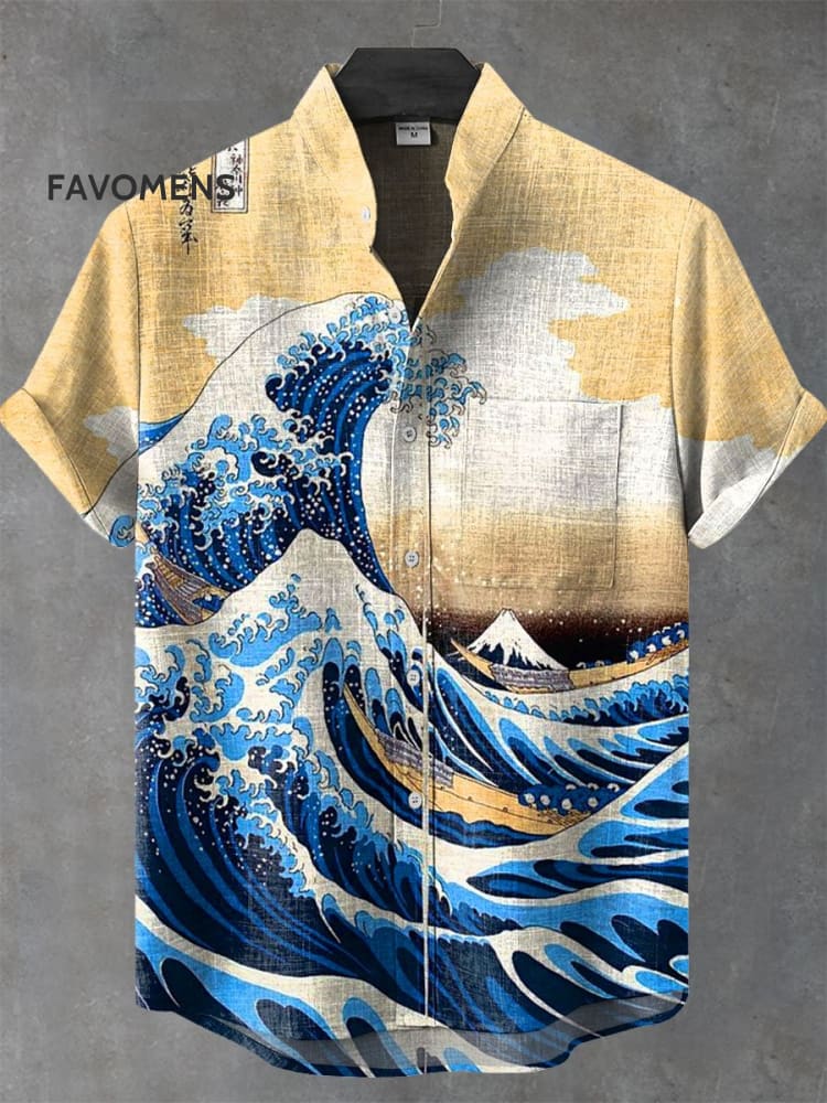 Japanese Ocean Wave Art Print Casual 100% Cotton Shirt