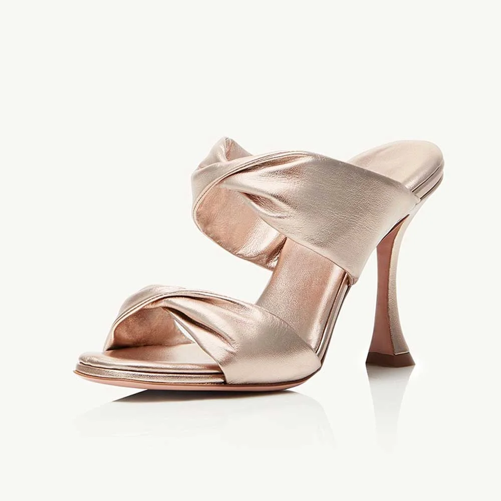 Gold Metallic Vegan Leather Opened Square Toe Strappy Mules With Flared ...