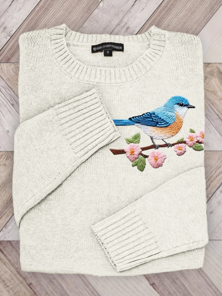 Cute Bird & Flower Embroidered Cozy Sweater 34.99