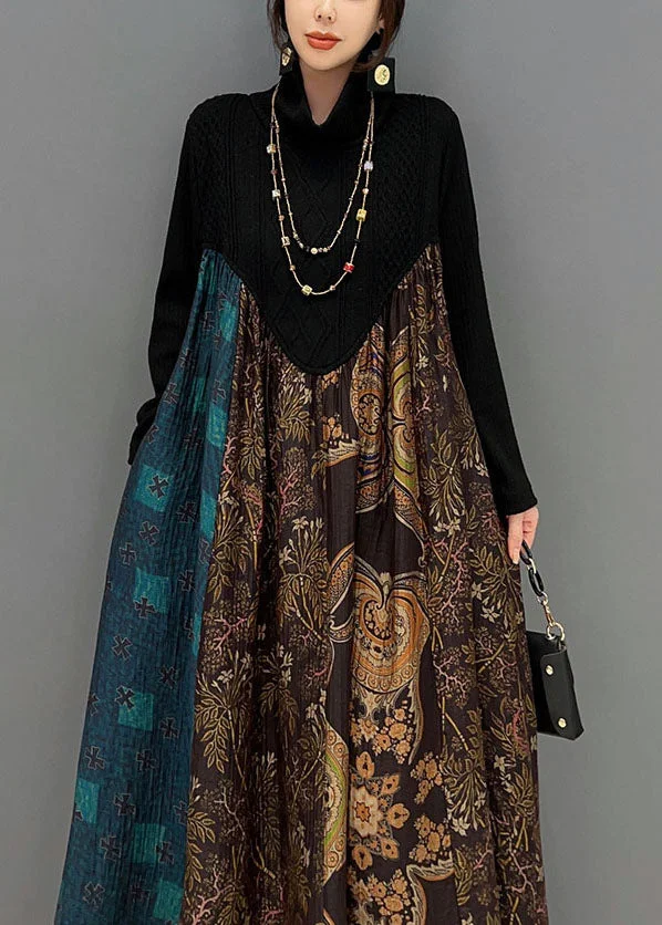 Boutique Black High Neck Patchwork Exra Large Hem Cotton Robe Dresses ...