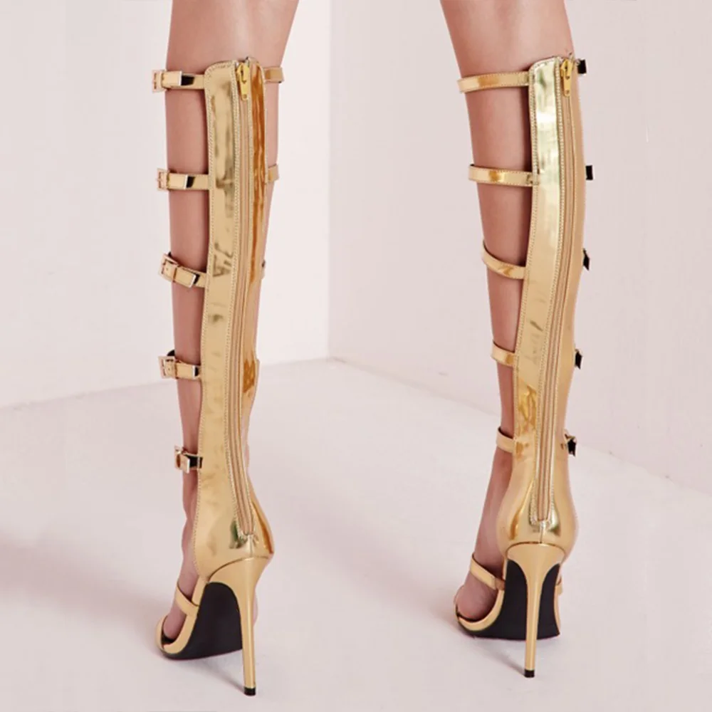 Gold Opened Toe Buckled Strappy Knee High Gladiator Sandals With ...