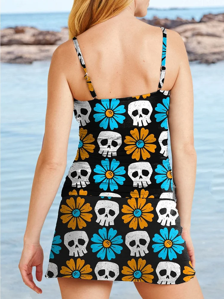 V-Neck Retro Skull Daisy Art Print Suspender Skirt Tankini Pantskirt ...