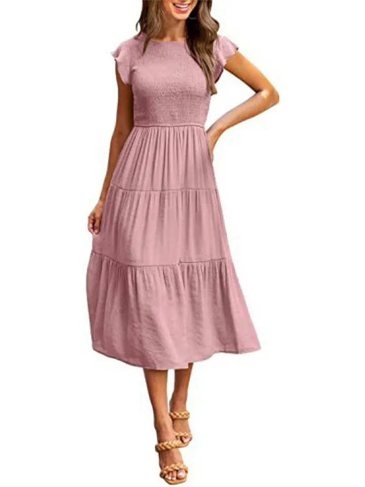 Women's Ruffle Sleeve Drawstring Layered Short Sleeve Big Hem Dress ...