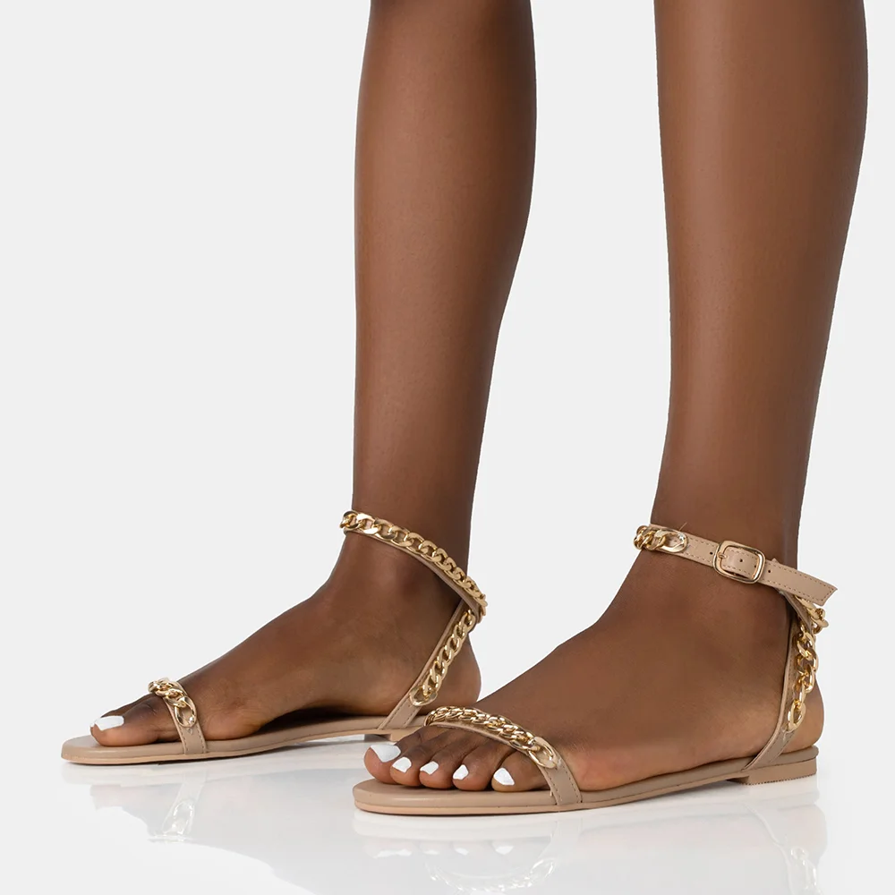 Beige Leather Opened Toe Chain Strappy Flat Sandals