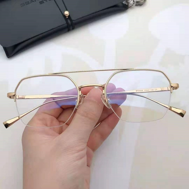 Retro Square Double Beam Half-Rim Glasses Frame Men’s Pure Titanium ...