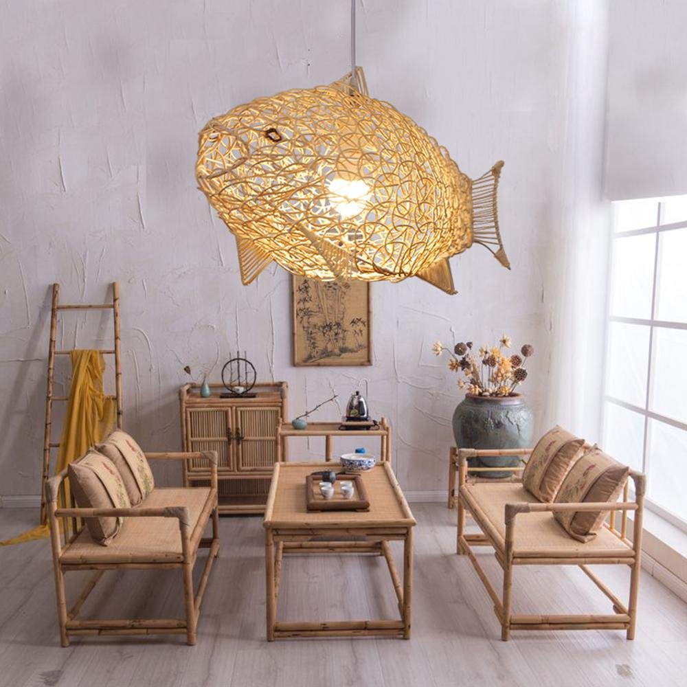 Creative Fish Pendant Lights Hand Woven Rattan Hanging Lamps Restaurant ...