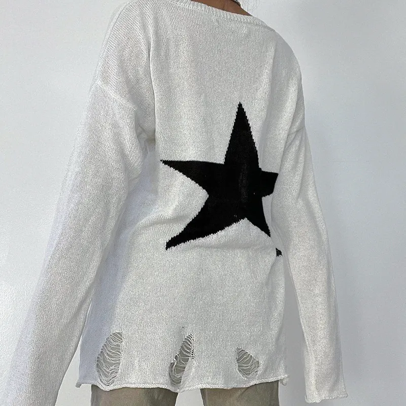 BLACK STAR RIPPED LONG SLEEVE KNIT SMOCK