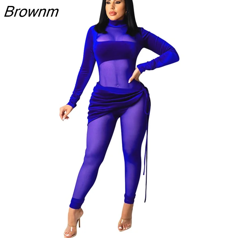Brownm Sheer Mesh Patchwork Velvet Jumpsuit Women Sexy See Through Mock ...