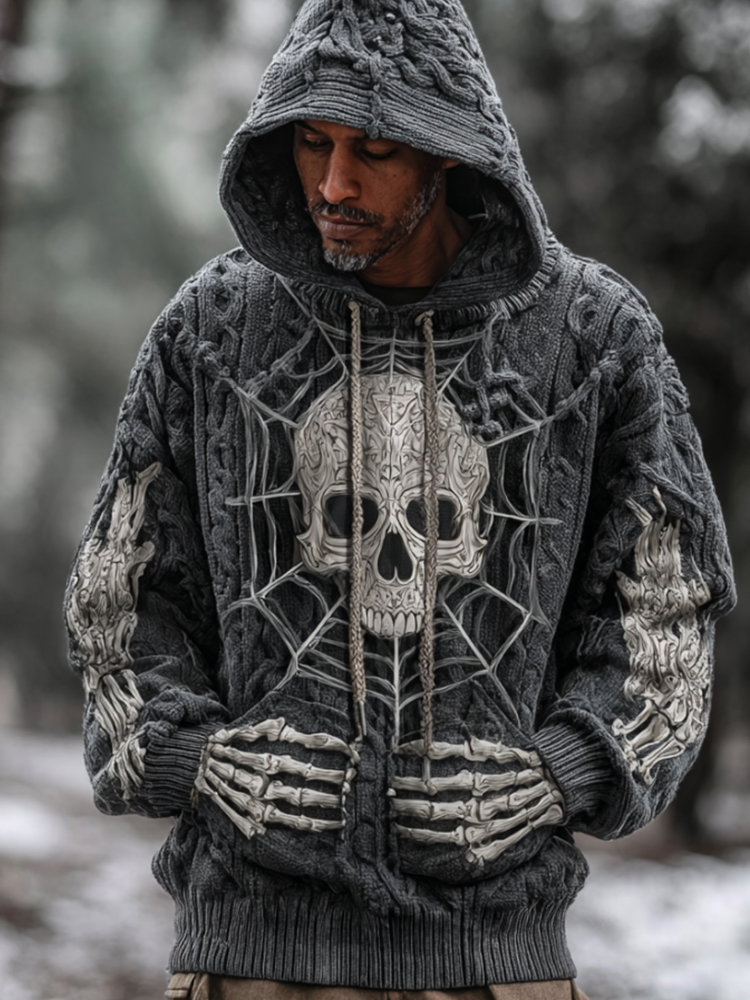 Men's Viking-style Skull And Spider Web Vintage Distressed Sweater