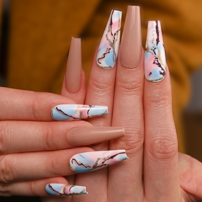 Churchf Durable Acrylic Extra Long Press On Fake Nails With Designs ...