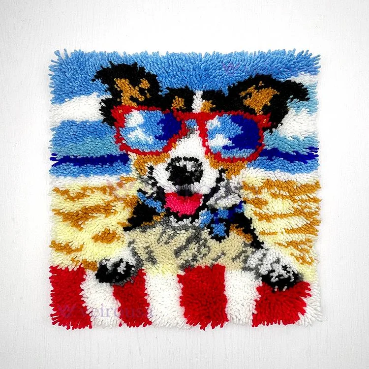 Dog Wearing Glasses On The Beach Latch Hook Pillow Kit Hooked Cushion ...