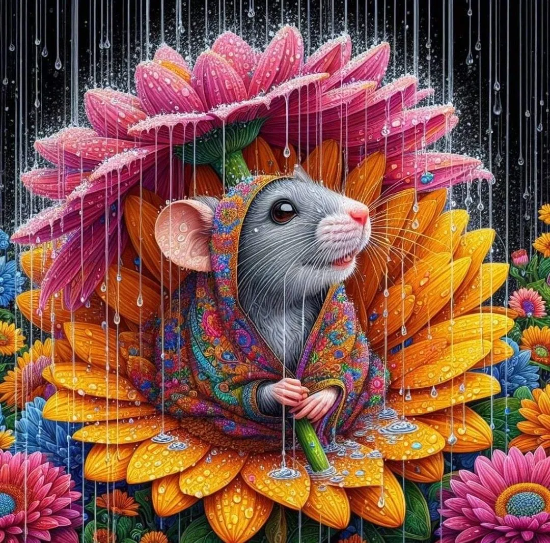 Little Mouse Hiding From Rain Under Flowers (velvet cloth) AB drill ...