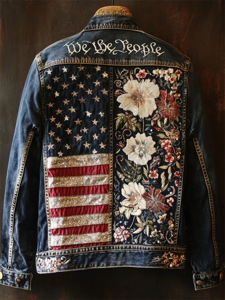 We The People Floral Embroidered Glitter American Flag Denim Jacket