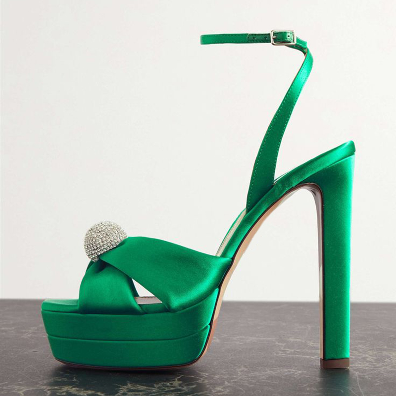 Green Satin Peep Toe Heels Ankle Strap Rhinestone Platform Sandals