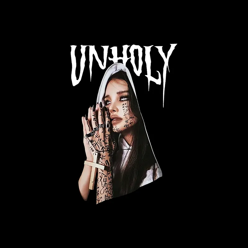 UNHOLY Nun with Tattoo Praying Black Print Hoodie